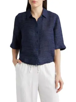 Eileen Fisher Short Sleeve Organic Linen Blend Button-up Shirt - Ink