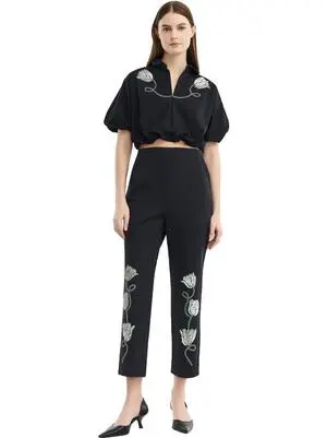 Lela Rose Tulip Crystal Embroidered Kick Flare Pants - Black