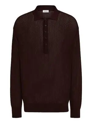 FERRAGAMO Long Sleeve Knitted Silk Polo Shirt - Natural