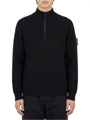 Stone Island Stone Island Cotton Knit Sweater With Quarter Zip And Ribbed Finishes Black