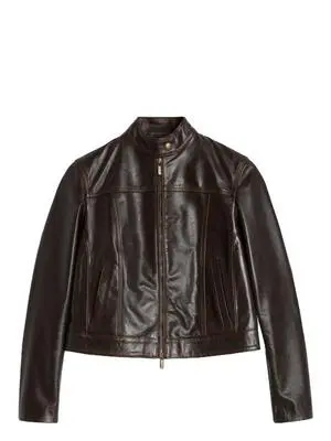 7 For All Mankind Cropped Leather Biker Jacket - Brown