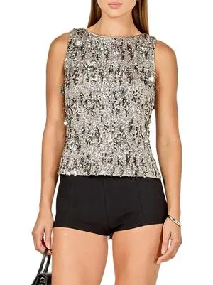 Endless Rose Floral Appliqué Sequin Top - Silver/charcoal
