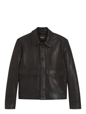 BOSS Calf Leather Aviator Jacket - Brown