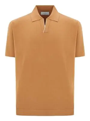 Canali Caramel Cotton And Silk Polo Shirt With Contrasting Piping - Brown
