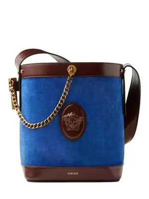 Versace Pivot Small Suede Bucket Bag Blue