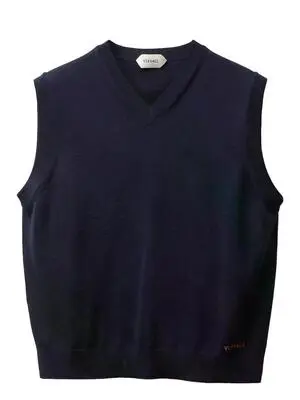 Versace Embroidered Wool Knit Vest - Blue
