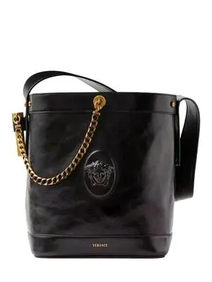 Versace Pivot Small Leather Bucket Bag Black