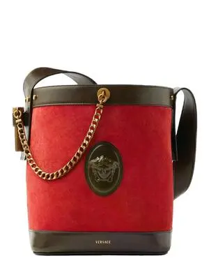 Versace Pivot Small Suede Bucket Bag Red