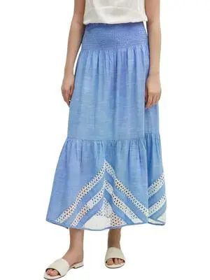 LA PETITE FRANÇAISE Shirred Embroidered Maxi Skirt - Blue