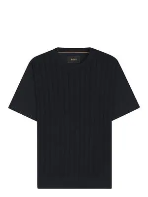 BOSS Cable-knit T-shirt In Cotton And Silk - Dark Blue