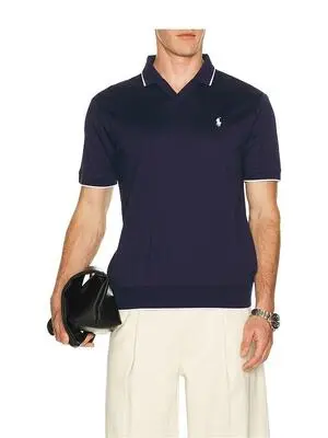 Polo Ralph Lauren Short Sleeve Jacquard Pique Johnny Collar Polo In Navy - Newport Navy