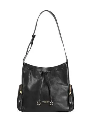 THE BRIDGE Leather Shopper Bag With Drawstring - Black