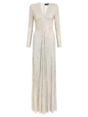 Jenny Packham Eve Sequin-Embellished V-Neck Dress Silver