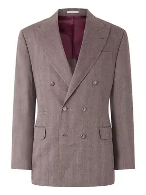 Brunello Cucinelli Double-breasted Herringbone Linen And Virgin Wool-blend Suit Jacket - Brown