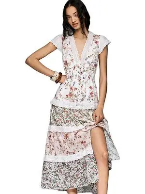 Anthropologie Peregre Tiered Deco Midi Dress - White Floral