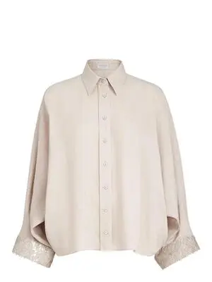 Brunello Cucinelli Linen Button-up Shirt With Embellished Cuffs - Beige