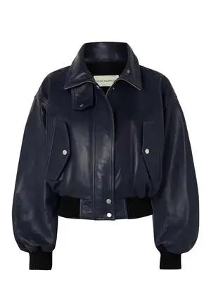 Nour Hammour Briar Cropped Leather Bomber Jacket Navy