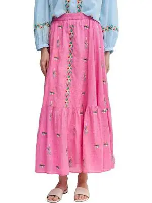 LA PETITE FRANÇAISE Embroidered Tiered Maxi Skirt - Pink