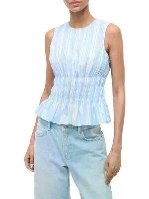 Staud Striped Shirred Peplum Top - Blue