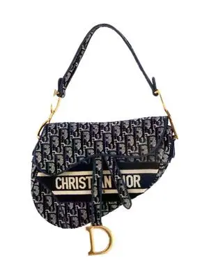 Dior Saddle Handbag Logo Embroidered Oblique Velvet Medium Shoulder Bag - Blue