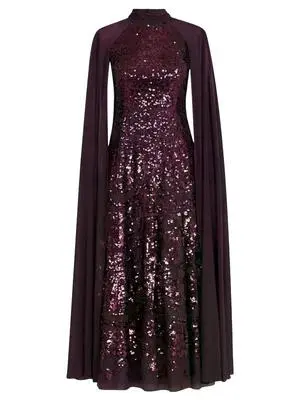 NEEDLE & THREAD Sequin-embellished Cape-sleeve Gown - Purple
