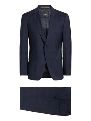 BOSS Huge Slim Fit Navy Check Virgin Wool Suit - Dark Blue