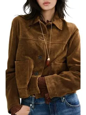 Mango Cropped Suede Jacket - Tobacco Brown
