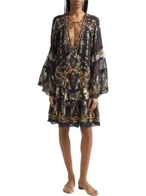 Camilla Printed Long Sleeve Tiered Ruffle Silk Minidress - Flamenco Folklore