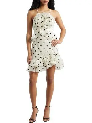 LUCY PARIS Remy Polka Dot Rosette Ruffle Mini Dress - Cream Black