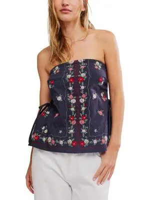 Free People Embroidered Strapless Cotton Top - Navy Combo