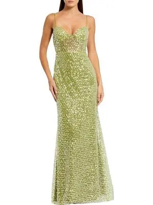 Mac Duggal Embellished Mesh Bustier Gown Apple Green