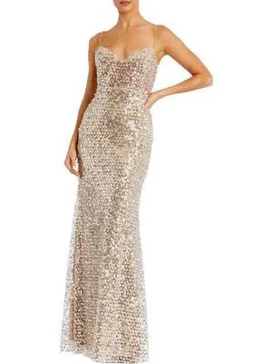 Mac Duggal Embellished Mesh Bustier Gown Nude