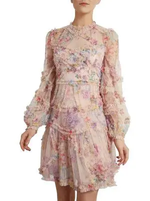 NEEDLE & THREAD Floral Diamond Ruffle Dress