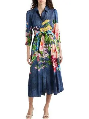 Elie Tahari Johanna Floral & Denim Print Dress - Denim Garden Print