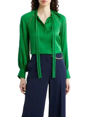 Elie Tahari Angie Tie Neck Stretch Silk Top - Green Lark