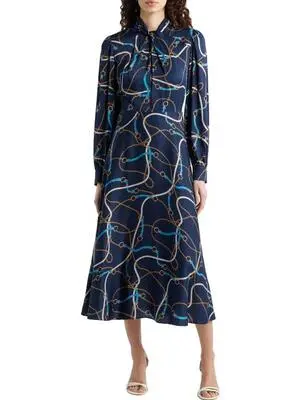 Elie Tahari The Raquel Placed Floral Long Sleeve Silk Blend Dress - Denim Chain Print
