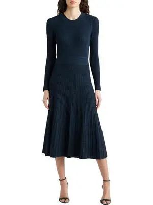 Elie Tahari The Sandra Long Sleeve Sweater Dress - Blue Palace/noir Marle
