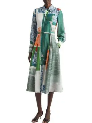 JASON WU Collage Print Sandwashed Silk Shirt Dress - Blue Green Multi