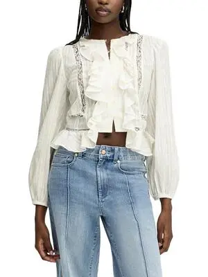 Sam Edelman Lace Inset Ruffle Cotton Button-up Shirt - Bright White