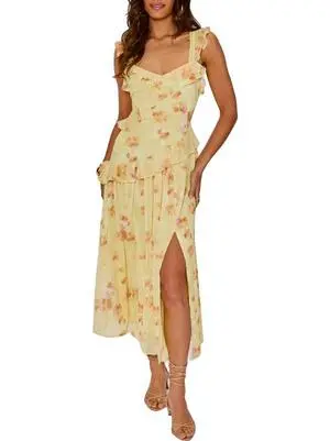 VICI Esme Floral Ruffle Detail Midi Dress - Yellow Multi