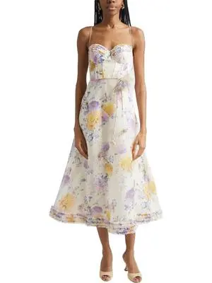 Zimmermann Luna Ruffle Linen & Silk Corset Midi Dress - Cream Dahlia