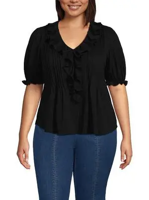 LANDS' END Puff Sleeve Slub Ruffle Pintuck Top - Black