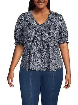LANDS' END Puff Sleeve Slub Ruffle Pintuck Top - Navy Ditsy Floral
