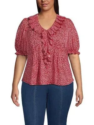 LANDS' END Puff Sleeve Slub Ruffle Pintuck Top - Red Ditsy Floral
