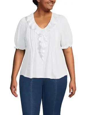 LANDS' END Puff Sleeve Slub Ruffle Pintuck Top - White