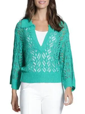 APNY Leafy Open Knit Polo Sweater - Emerald