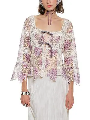 Anna Sui Medallion Floral Lace Tie Blouse - Mauve/cream