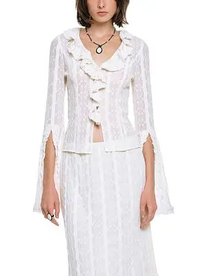 Anna Sui Floral Ruffle Stretch Lace Blouse - Cream