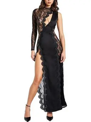 MISS CIRCLE NEW YORK Weslyn Satin Lace High Slit Dress - Black