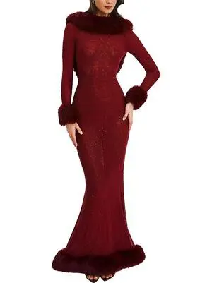 MISS CIRCLE Rhinestone Mesh Mermaid Gown - Burgundy